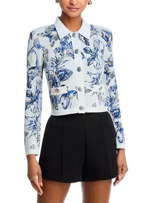 L'Agence Jacquard Collared Cardigan - Gray Multi Butterfly