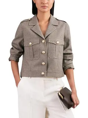 REISS Cropped Checkered Wool Jacket - Neutral Check