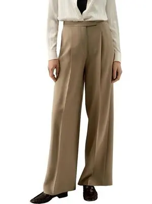 Lilysilk Silk-wool Pleated Wide-leg Trousers - Khaki