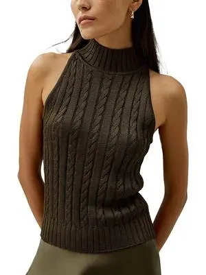 Lilysilk Classic High-neck Cable-knit Sleeveless Top - Pine