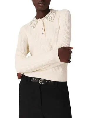 Maje Rhinestone Collar Polo Shirt - Ecru