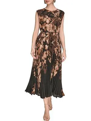 Donna Karan New York Chiffon Pleated Midi Dress - Black/fawn Multi