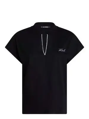 Karl Lagerfeld Embellished Keyhole-neck T-shirt - Black