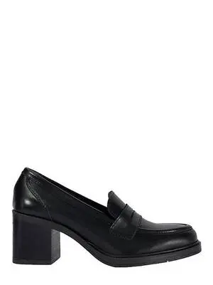 DUNE Leather Heeled Loafers - Black Plain Leather