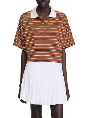 Sandro Striped Rhinestone Polo Tee - Brown