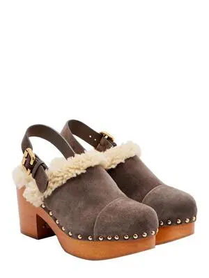 Chloé Jeannette Shearling-trimmed Wedge Clogs - Brown