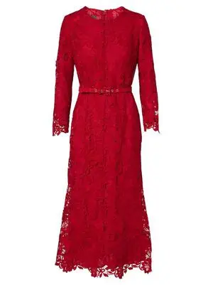 Monique Lhuillier Belted Lace Midi Dress - Red