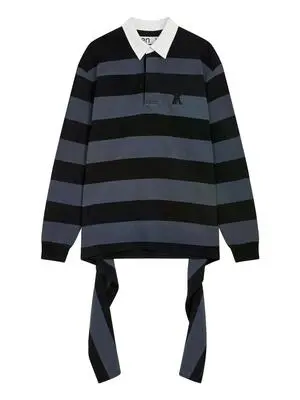 OPEN YY Stripe-trimmed Asymmetrical-hem Shirt - Grey