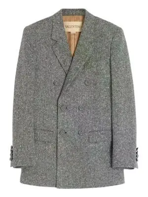 Valentino Garavani Double-breasted Jacket In Natté Boutonné Wool - Neutrals