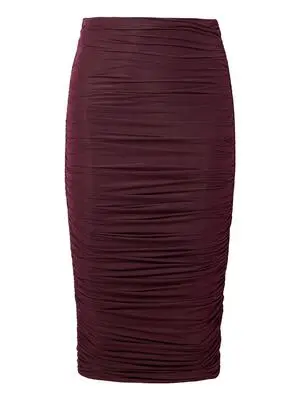 MAYGEL CORONEL Dasos Ruched Stretch-mesh Midi Skirt - Burgundy