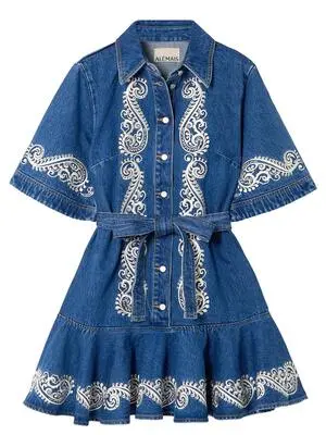 ALEMAIS Jacones Embroidered Denim Mini Shirt Dress - Blue