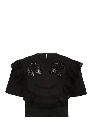 PUSHBUTTON Lace-embellished Ruffle Blouse - Black