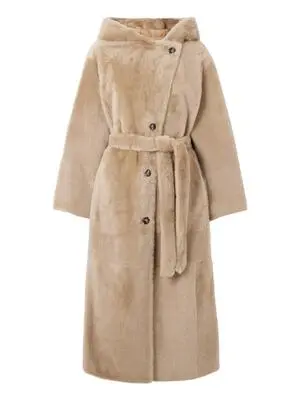 YVES SALOMON Hooded Belted Shearling Coat - Neutrals