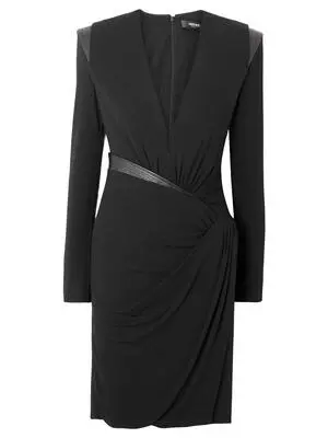 Versace Wrap-effect Leather-trimmed Stretch-jersey Dress - Black