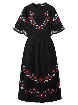 Sea Rosaline Embroidered Cotton And Linen-blend Midi Dress - Black