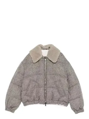 Brunello Cucinelli Herringbone-pattern Jacket With Shearling Collar - Grey