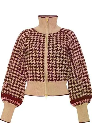 Cara Cara Houndstooth Zip-up Cardigan - Brown