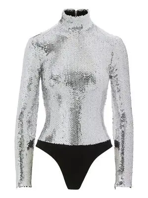 Brandon Maxwell Sequin Embellished Mock-neck Bodysuit - Silver