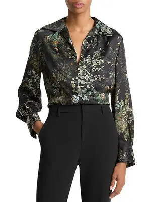 Vince Placed Smocked Silk Blouse - Black Sky