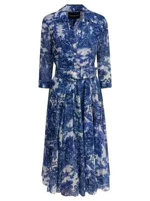 Samantha Sung Toile-print Belted Midi Dress - Blue