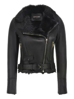 Roberto Cavalli Leather Jacket With Shearling Collar - Black