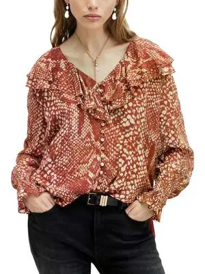 ALLSAINTS Phoebe Ruffle-detail Snake-print Top - Red