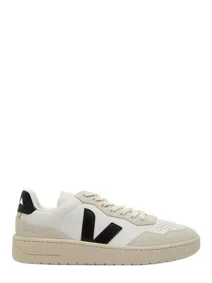 VEJA V-90 Panelled Grained Leather Sneakers - White And Black