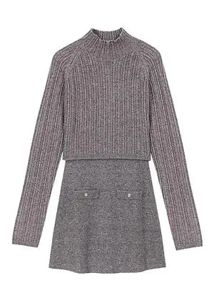 Maje Removable Jumper Ribbed Wool-blend Knitted Dress - Grey