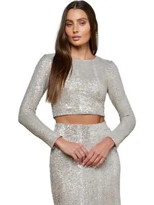 L'Agence Rogan Sequin Cropped Top - Silver Sequin Swirl