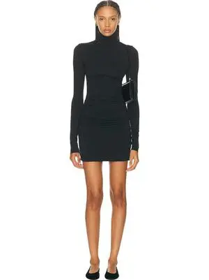 high neck long sleeve ruched dress Eachna Long Sleeve Ruched Mini Dress In Wine