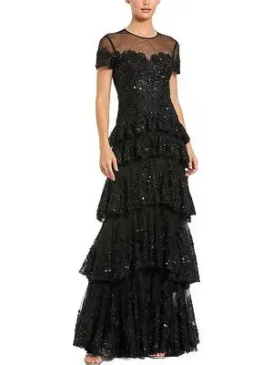 Mac Duggal Short Sleeve Tiered Mesh Gown - Black