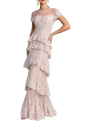 Mac Duggal Mac Duggal Embellished Short Sleeve Tiered Gown Rose Multi
