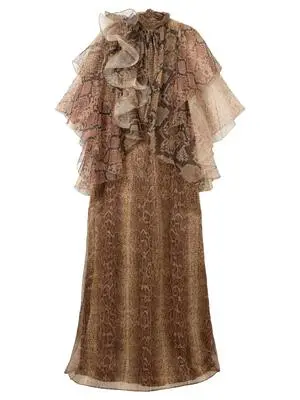 Zimmermann Hypnotic Memento Billow Ruffled Snake-print Silk-organza Gown - Brown