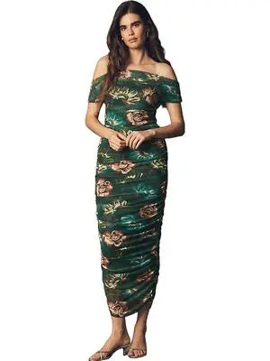Bhldn Off-shoulder Gathered Stretch Mesh Midi Dress - Green Pattern