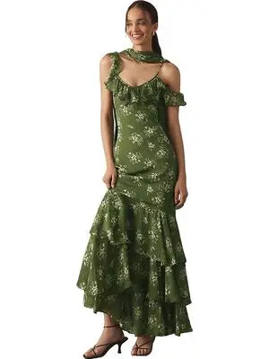 Bhldn Jules Off-shoulder Ruffled Chiffon Maxi Dress - Green Pattern