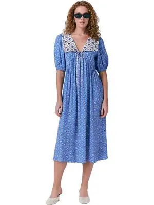 GHOST LONDON Nellie Crepe Collared Midi Smock Dress - Blue Rose Spot