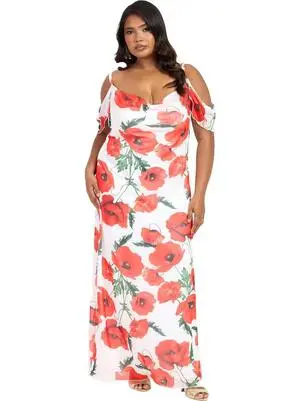 FASHION-SZN CURVE Cold Shoulder Poppy Print Strappy Midaxi Dress - White