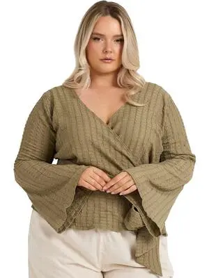 FASHION-SZN CURVE Kimono Wrap Front Belted Top - Khaki