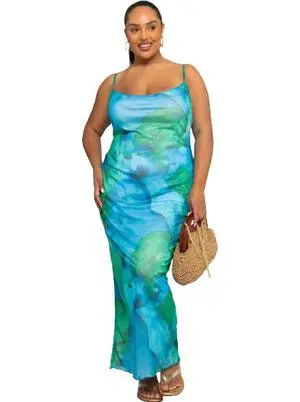 FASHION-SZN CURVE Curve Strappy Abstract Print Maxi Dress - Blue