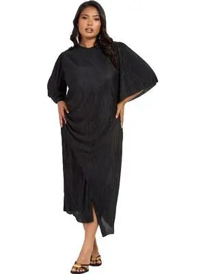 FASHION-SZN CURVE Ruched Side Flutter Sleeve Midi Dress - Black