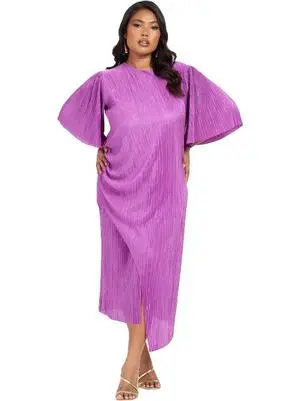 FASHION-SZN CURVE Ruched Side Flutter Sleeve Midi Dress - Purple