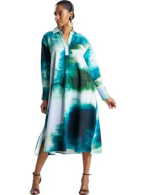 Natori Hisui Cotton Chino Oversized Shirt Dress - Teal W/blue