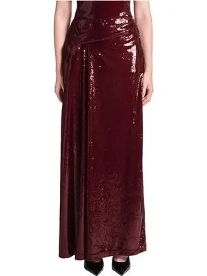 KATE BARTON Sequin Draped Maxi Skirt - Burgundy