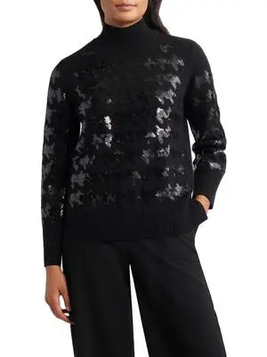 Anne Klein Sequin Houndstooth Mock Neck Sweater Anne Black