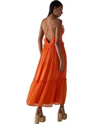 WAREHOUSE Chiffon Ruffle Strappy Maxi Dress - Orange