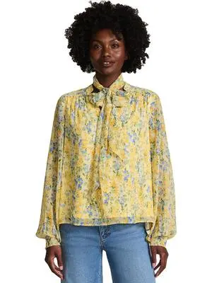 LANDS' END Chiffon Tie Neck Blouse - Golden Candle Light Floral