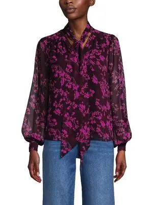LANDS' END Chiffon Tie Neck Blouse - Lush Burgundy Wildflowers