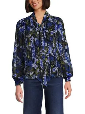 LANDS' END Chiffon Tie Neck Blouse - Radiant Navy Multi Floral