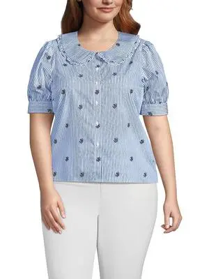 LANDS' END Carefree Cotton Puff Sleeve Shirt - White/blue Floral Stripe