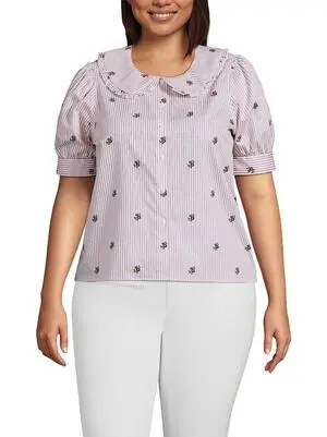 LANDS' END Carefree Cotton Puff Sleeve Shirt - White/brown Floral Stripe